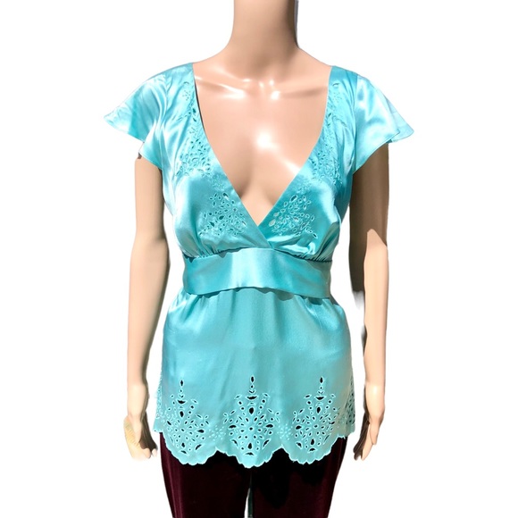 BCBGMaxAzria | Tops | Bcbg Maxazria Silk Light Blue Top With Eyelet ...